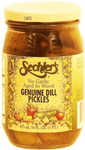 sechler's genuine dill pickles, no garlic, aged in wood