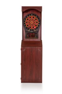 arachnid cricket pro 800 standing electronic dartboard with cherry finish, regulation 15.5” target area, 8-player score display and 39 games brown