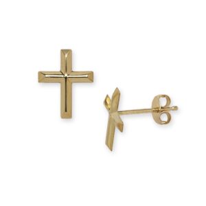 jewelryweb 14k yellow gold cross earrings - beveled faith stud earrings - cross earrings for women and girls - catholic jewelry - religious earrings