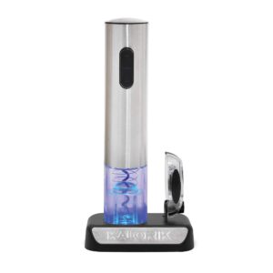 kalorik electric wine bottle opener, charging base, foil cutter, stainless steel.