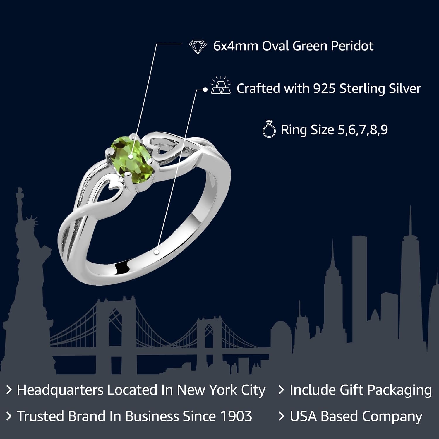 Gem Stone King 925 Sterling Silver 6X4MM Oval Gemstone Birthstone Heart infinity Ring | Wedding Anniversary Promise Ring For Women | Available In Size 5, 6, 7, 8, 9