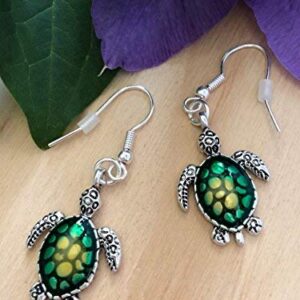 PammyJ Turtle Earrings - Silvertone Green Sea Turtle Dangle Earrings