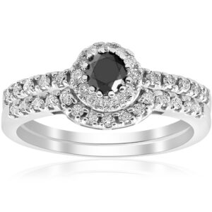 7/8ct black pave halo diamond vintage engagement wedding ring set 14k white gold - size 9.5