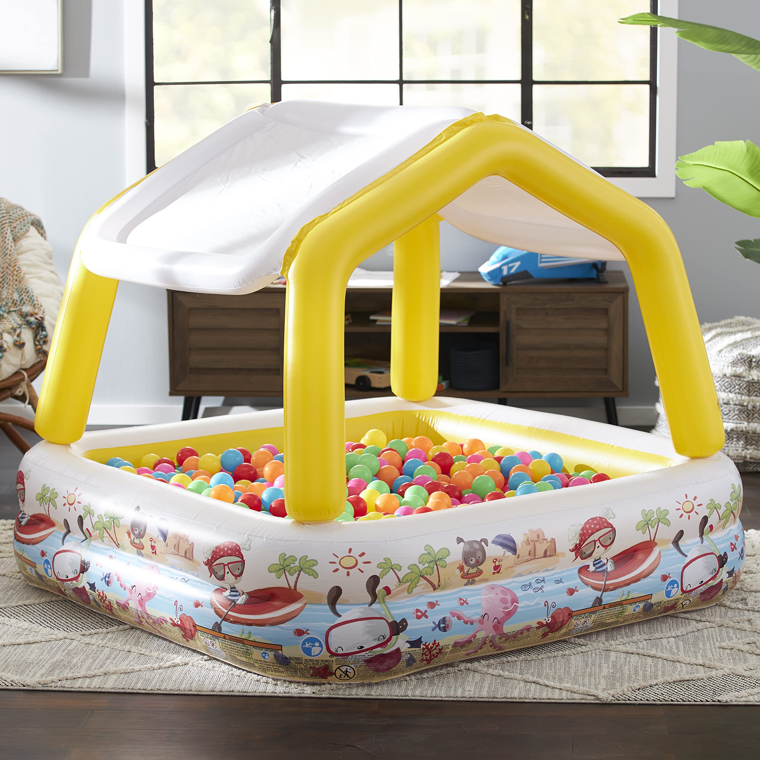 Intex Sun Shade 5 Foot Square Inflatable Durable 10 Gauge Vinyl Kiddie Pool with Ocean Scene and Canopy for Ages 3 Years and Up, Multicolor