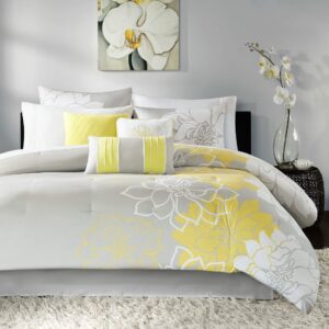 madison park lola sateen cotton comforter set-casual medallion floral design all season down alternative bedding, shams, bedskirt, decorative pillows, king, grey/yellow 7 piece