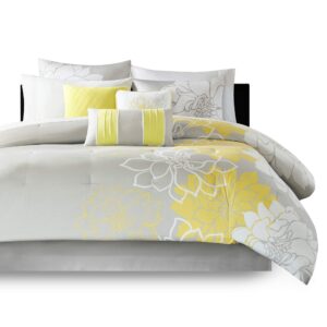 Madison Park Lola Sateen Cotton Comforter Set-Casual Medallion Floral Design All Season Down Alternative Bedding, Shams, Bedskirt, Decorative Pillows, King, Grey/Yellow 7 Piece