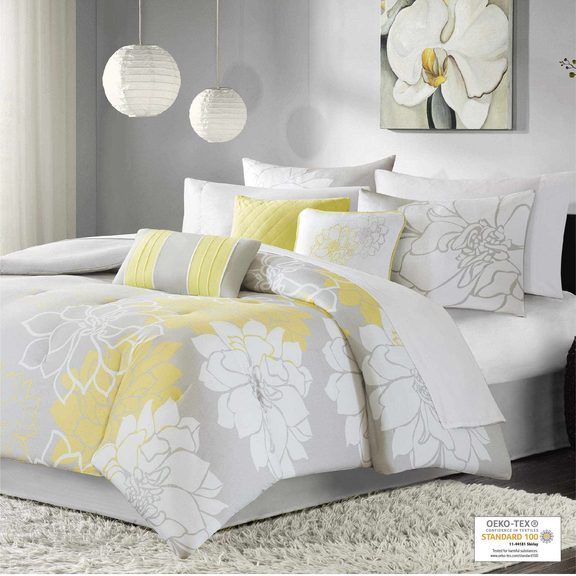 Madison Park Lola Sateen Cotton Comforter Set-Casual Medallion Floral Design All Season Down Alternative Bedding, Shams, Bedskirt, Decorative Pillows, King, Grey/Yellow 7 Piece