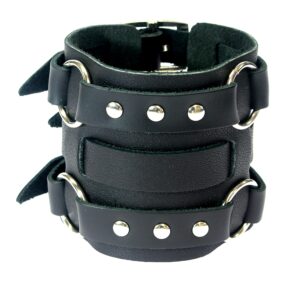 neptune giftware wide triple strap leather cuff wrap gothic wristband bracelet with buckle fastening - black leather