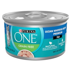 purina one natural, high protein, grain free wet cat food pate, ocean whitefish recipe - (pack of 24) 3 oz. pull-top cans