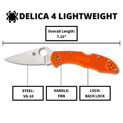 Spyderco Delica 4 Lightweight Signature Knife with 2.90" Flat-Ground Steel Blade and High-Strength Orange FRN Handle - PlainEdge - C11FPOR