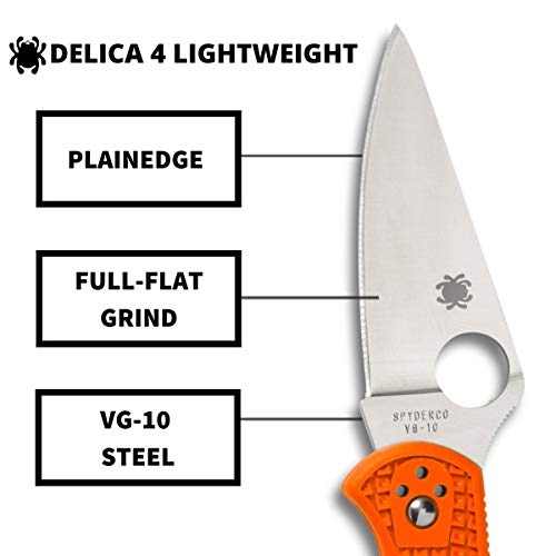 Spyderco Delica 4 Lightweight Signature Knife with 2.90" Flat-Ground Steel Blade and High-Strength Orange FRN Handle - PlainEdge - C11FPOR