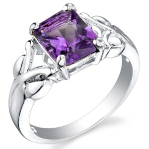 peora amethyst ring for women 925 sterling silver, designer criss-cross solitaire, natural gemstone birthstone, 2 carats radiant cut 9x7mm, comfort fit, size 6