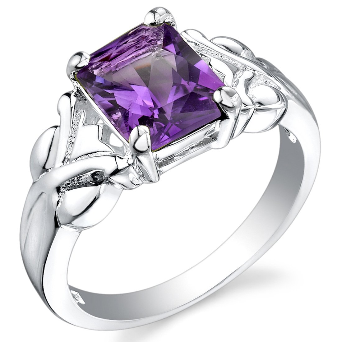 PEORA Amethyst Ring for Women 925 Sterling Silver, Designer Criss-Cross Solitaire, Natural Gemstone Birthstone, 2 Carats Radiant Cut 9x7mm, Comfort Fit, Size 6