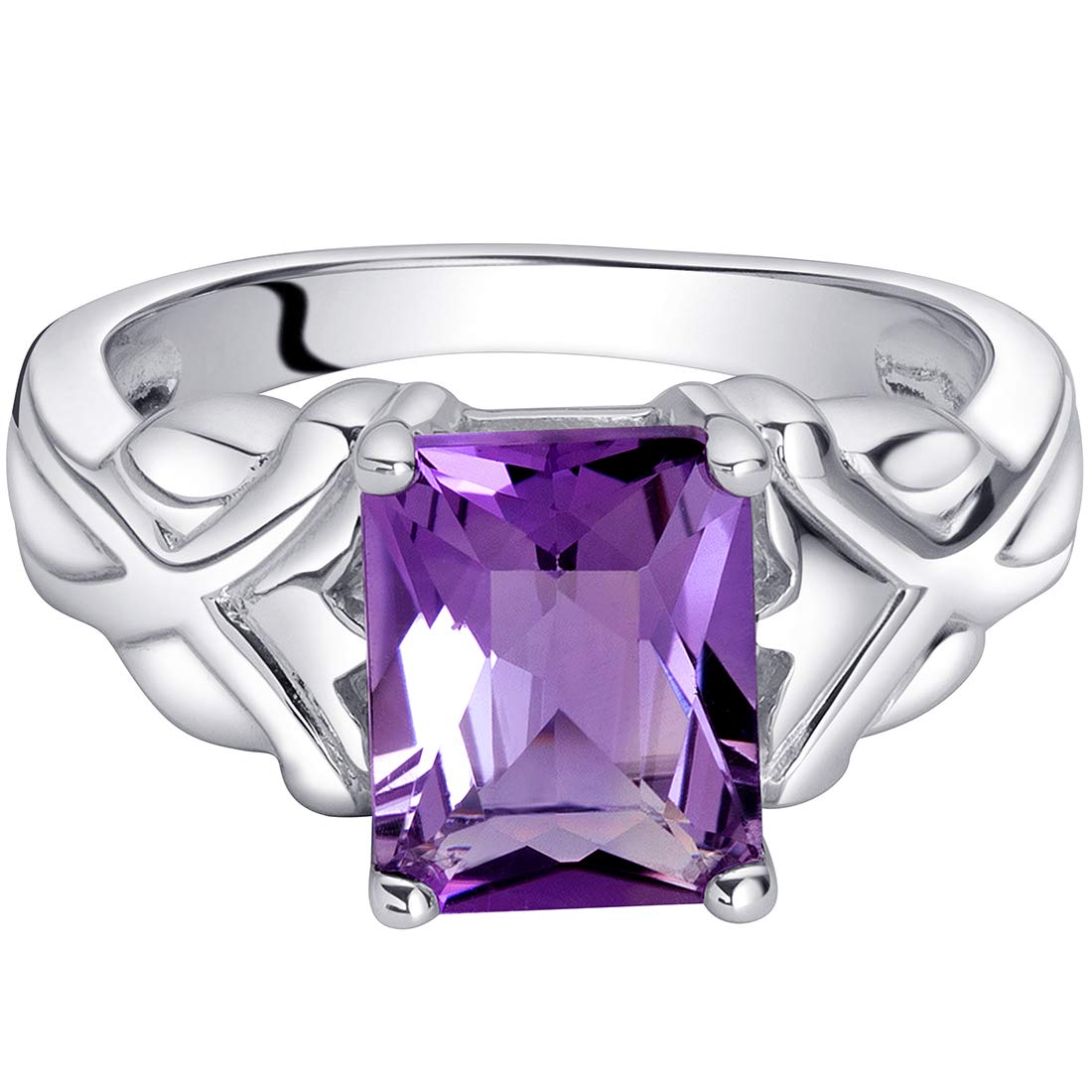 PEORA Amethyst Ring for Women 925 Sterling Silver, Designer Criss-Cross Solitaire, Natural Gemstone Birthstone, 2 Carats Radiant Cut 9x7mm, Comfort Fit, Size 6