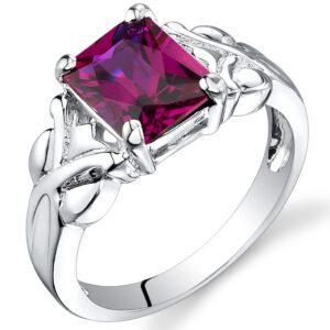 peora created ruby ring in sterling silver, criss-cross solitaire, radiant cut, 9x7mm, 3 carats total, comfort fit, size 9