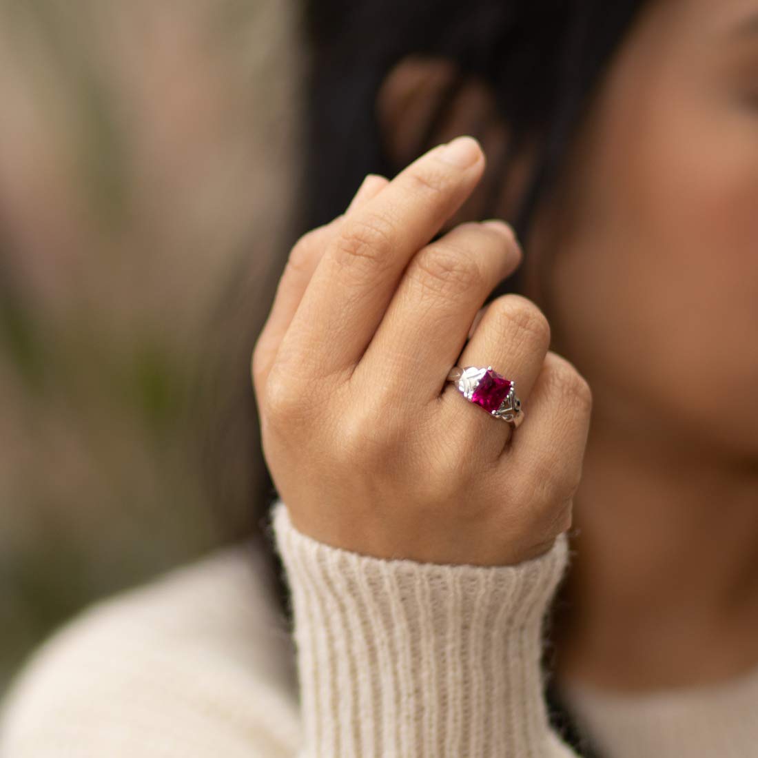 PEORA Created Ruby Ring in Sterling Silver, Criss-Cross Solitaire, Radiant Cut, 9x7mm, 3 Carats total, Comfort Fit, Size 9