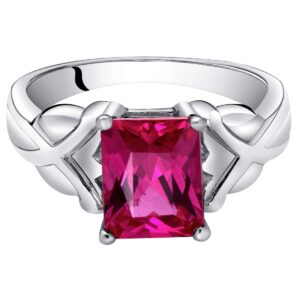 PEORA Created Ruby Ring in Sterling Silver, Criss-Cross Solitaire, Radiant Cut, 9x7mm, 3 Carats total, Comfort Fit, Size 9