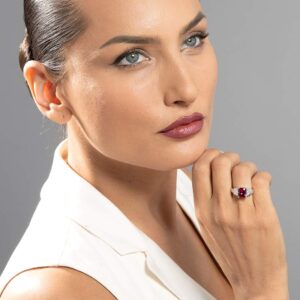 PEORA Created Ruby Ring in Sterling Silver, Criss-Cross Solitaire, Radiant Cut, 9x7mm, 3 Carats total, Comfort Fit, Size 9