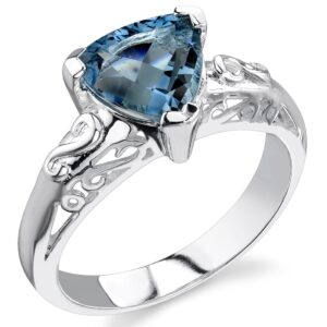 peora london blue topaz scroll gallery solitaire ring for women 925 sterling silver, natural gemstone birthstone, 2 carat trillion shape 8mm, size 9