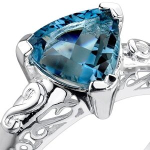 PEORA London Blue Topaz Scroll Gallery Solitaire Ring for Women 925 Sterling Silver, Natural Gemstone Birthstone, 2 Carat Trillion Shape 8mm, Size 9