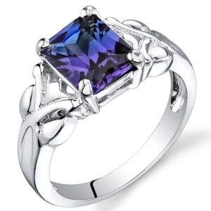 peora simulated alexandrite ring 925 sterling silver, criss-cross solitaire, color-changing 2.75 carats radiant cut 9x7mm, comfort fit, size 8