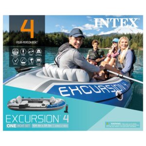 INTEX 68324EP Excursion 4 Inflatable Boat Set: Includes Deluxe 54in Boat Oars and High-Output Pump – Adjustable Seats with Backrest – Fishing Rod Holders – 4-Person – 1100lb Weight Capacity