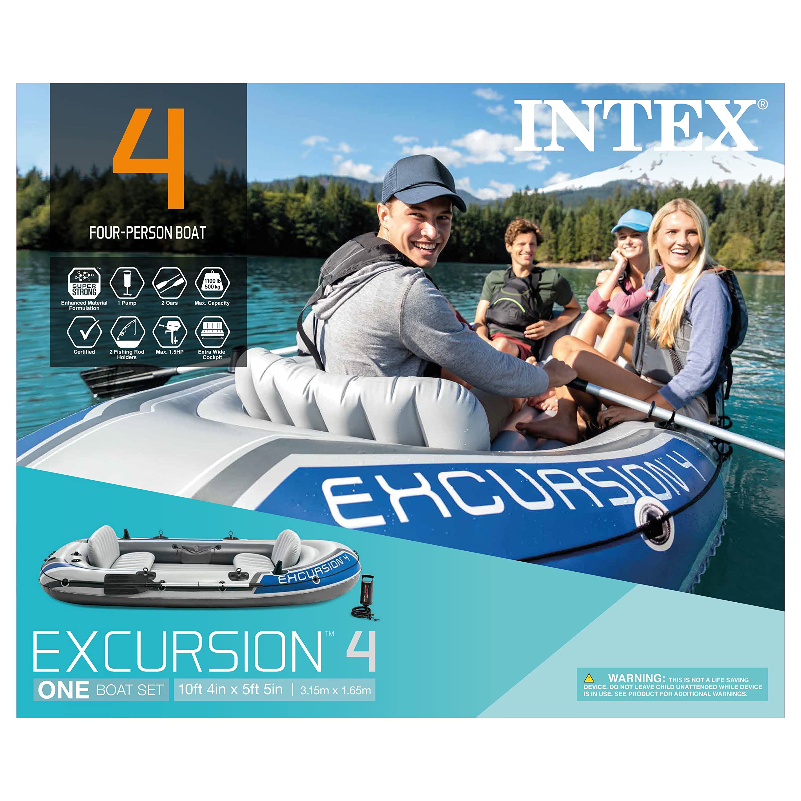 INTEX 68324EP Excursion 4 Inflatable Boat Set: Includes Deluxe 54in Boat Oars and High-Output Pump – Adjustable Seats with Backrest – Fishing Rod Holders – 4-Person – 1100lb Weight Capacity