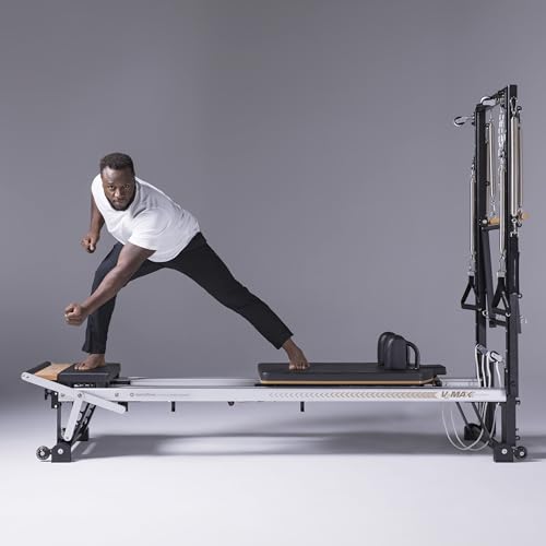 Merrithew™ V2 Max Plus™ Reformer Bundle with Mat Converter, Reformer Box, Footstrap, Padded Platform Extender & Maple Roll-Up Pole - Professional Pilates Equipment