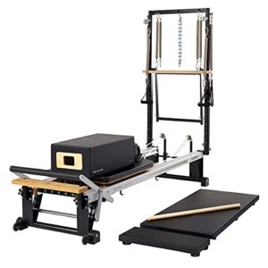 merrithew™ v2 max plus™ reformer bundle with mat converter, reformer box, footstrap, padded platform extender & maple roll-up pole - professional pilates equipment