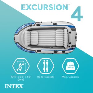 INTEX 68324EP Excursion 4 Inflatable Boat Set: Includes Deluxe 54in Boat Oars and High-Output Pump – Adjustable Seats with Backrest – Fishing Rod Holders – 4-Person – 1100lb Weight Capacity