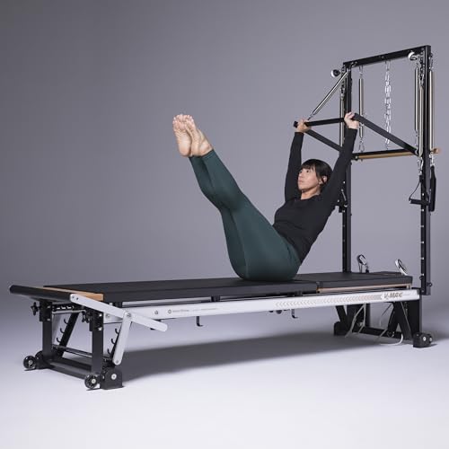 Merrithew™ V2 Max Plus™ Reformer Bundle with Mat Converter, Reformer Box, Footstrap, Padded Platform Extender & Maple Roll-Up Pole - Professional Pilates Equipment