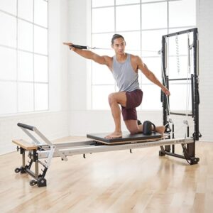 Merrithew™ V2 Max Plus™ Reformer Bundle with Mat Converter, Reformer Box, Footstrap, Padded Platform Extender & Maple Roll-Up Pole - Professional Pilates Equipment