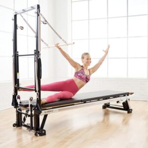 Merrithew™ V2 Max Plus™ Reformer Bundle with Mat Converter, Reformer Box, Footstrap, Padded Platform Extender & Maple Roll-Up Pole - Professional Pilates Equipment