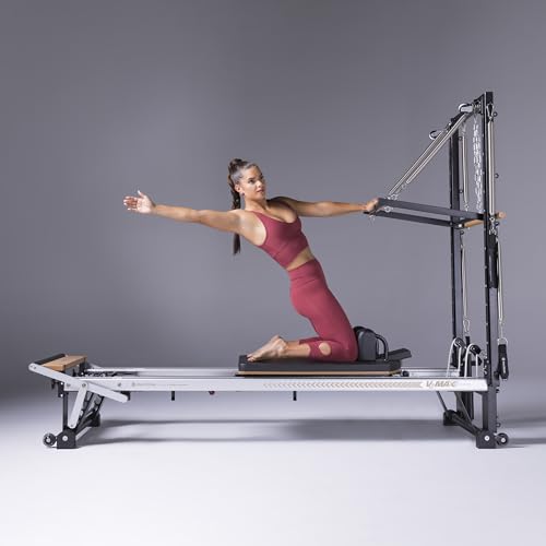 Merrithew™ V2 Max Plus™ Reformer Bundle with Mat Converter, Reformer Box, Footstrap, Padded Platform Extender & Maple Roll-Up Pole - Professional Pilates Equipment