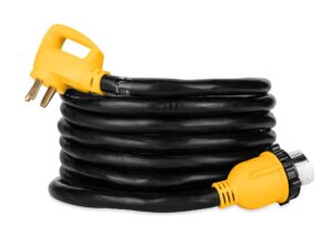 camco power grip 25-ft 50 amp rv extension cord - rated for 125/250 v/12,500 w - features copper 6/3 + 8/1-gauge wires for superior conductivity & coated w/heat-resilient pvc (55542)