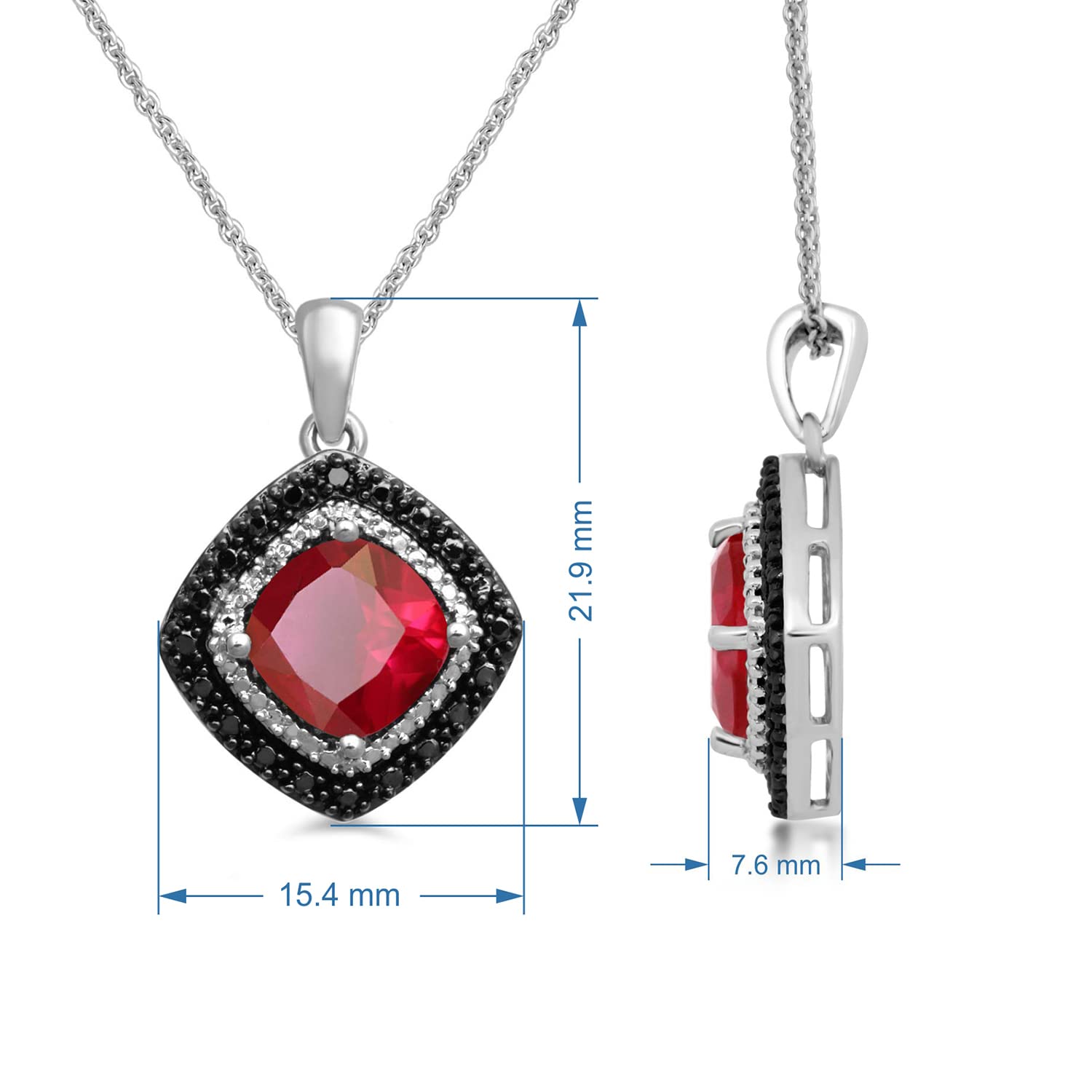 Jewelili Sterling Silver Pendant Necklace with 8mm Cushion Shape Created Ruby and Treated Black and Natural White Round Diamonds, 18" Rolo Chain