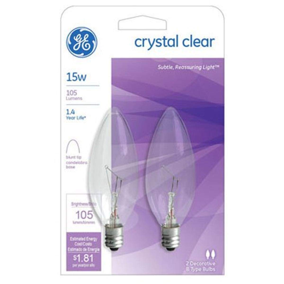 G E LIGHTING 87840 Blunt Tip Candelabra Bulb, 15W/120V, 2-Pack