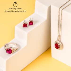 Peora Created Ruby Stud Earrings 925 Sterling Silver, Solitaire Scroll Gallery, 2 Carats Total Trillion Shape 6mm, Hypoallergenic, Friction Backs