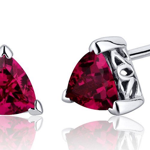 Peora Created Ruby Stud Earrings 925 Sterling Silver, Solitaire Scroll Gallery, 2 Carats Total Trillion Shape 6mm, Hypoallergenic, Friction Backs