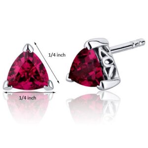 Peora Created Ruby Stud Earrings 925 Sterling Silver, Solitaire Scroll Gallery, 2 Carats Total Trillion Shape 6mm, Hypoallergenic, Friction Backs