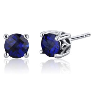 peora created blue sapphire stud earrings 925 sterling silver, solitaire scroll gallery, 2 carats total, round shape 6mm, friction backs