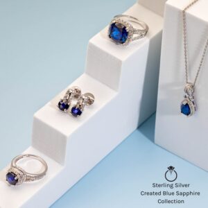 Peora Created Blue Sapphire Stud Earrings 925 Sterling Silver, Solitaire Scroll Gallery, 2 Carats Total, Round Shape 6mm, Friction Backs