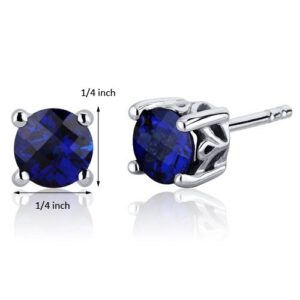 Peora Created Blue Sapphire Stud Earrings 925 Sterling Silver, Solitaire Scroll Gallery, 2 Carats Total, Round Shape 6mm, Friction Backs