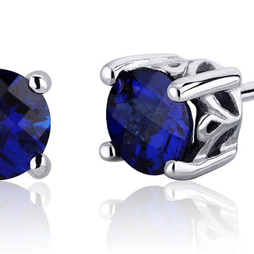 Peora Created Blue Sapphire Stud Earrings 925 Sterling Silver, Solitaire Scroll Gallery, 2 Carats Total, Round Shape 6mm, Friction Backs