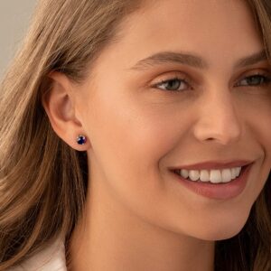 Peora Created Blue Sapphire Stud Earrings 925 Sterling Silver, Solitaire Scroll Gallery, 2 Carats Total, Round Shape 6mm, Friction Backs