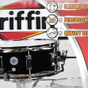 GRIFFIN Snare Drum | Poplar Wood Shell 14" x 5.5" with Black PVC & Coated Head | Acoustic Marching Percussion Musical Instrument Set with Drummers Key, 8 Metal Tuning Lugs & Snare Strainer Throw Off