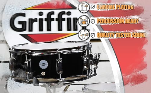 GRIFFIN Snare Drum | Poplar Wood Shell 14" x 5.5" with Black PVC & Coated Head | Acoustic Marching Percussion Musical Instrument Set with Drummers Key, 8 Metal Tuning Lugs & Snare Strainer Throw Off