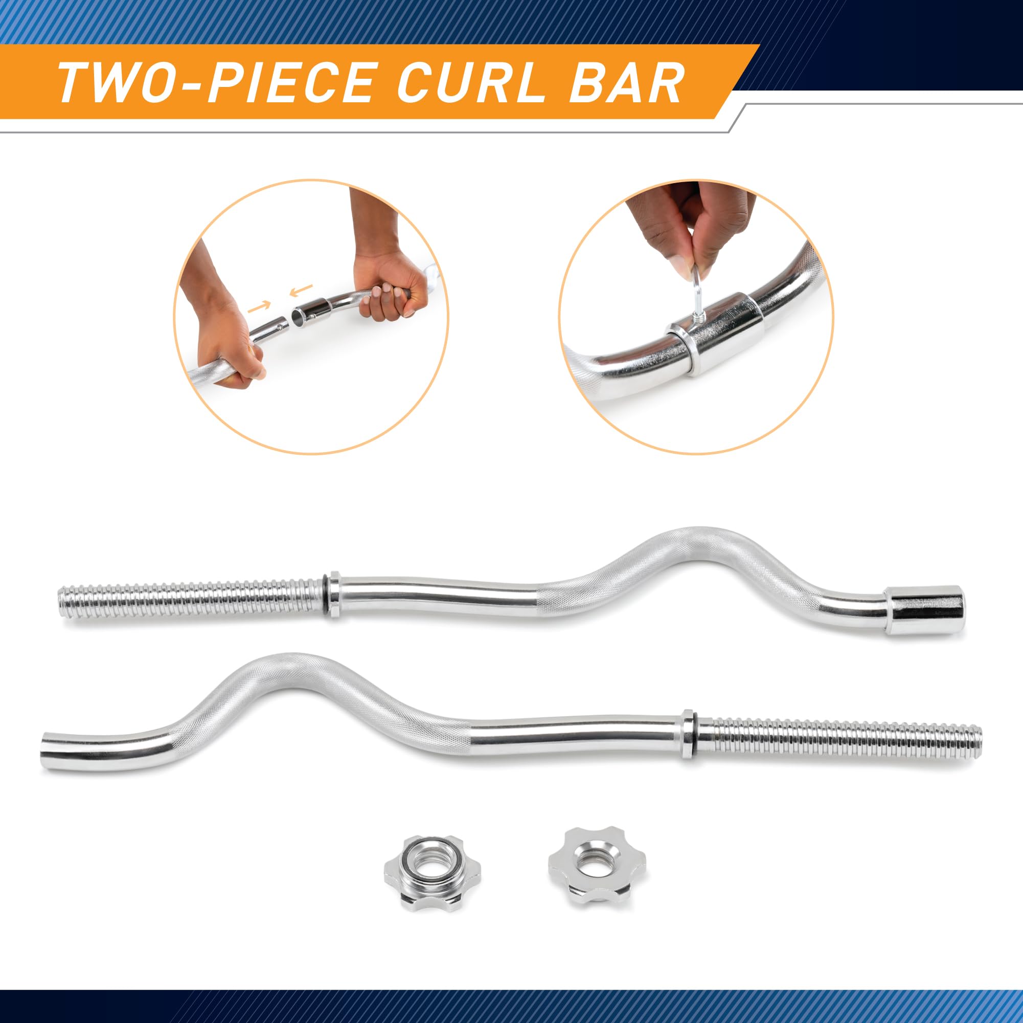 Marcy 2-Piece Threaded Super Curl Bar with Chrome Spin Lock Collars Free Weights Accessories for Home Gym SCB-248