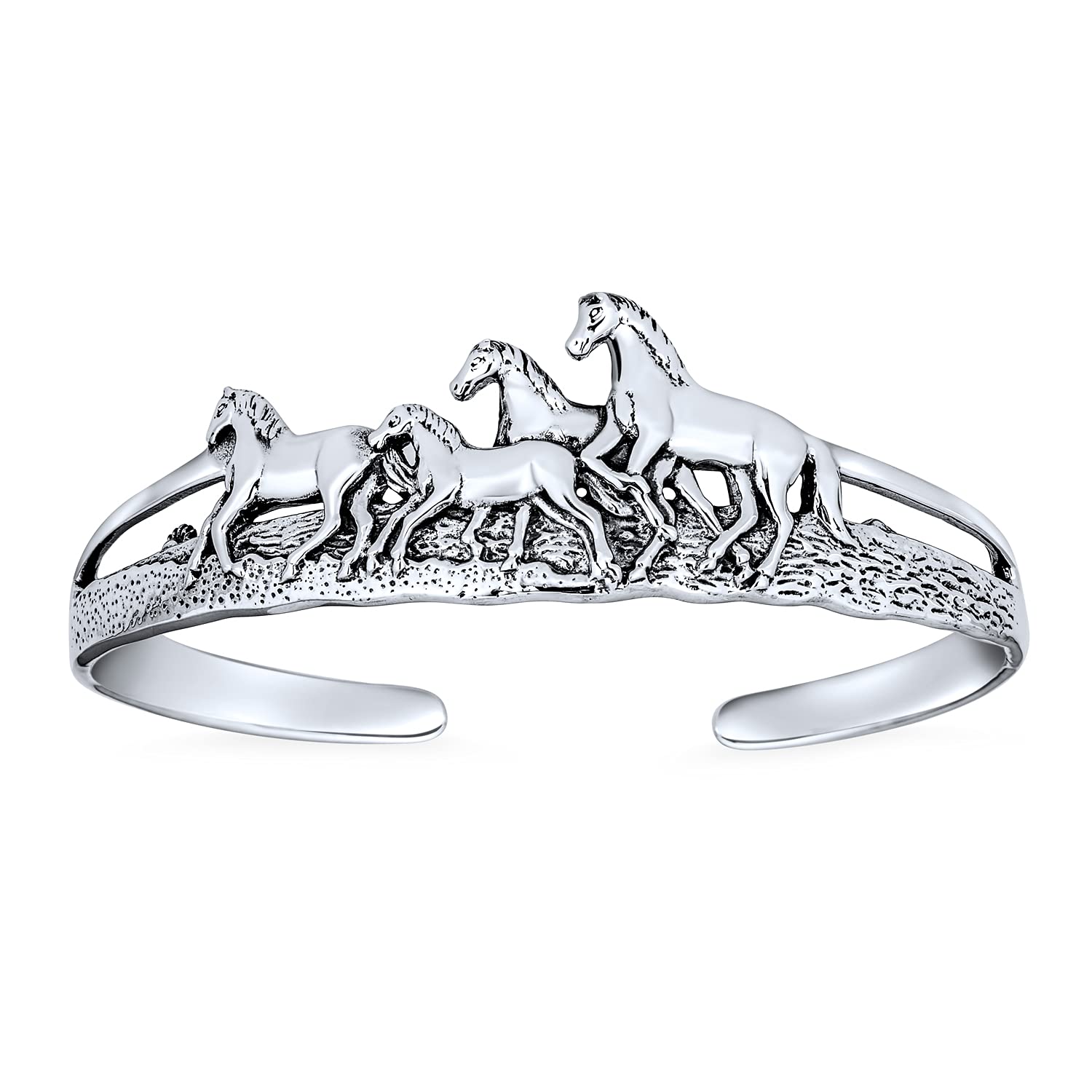 Unisex Heavy Solid Statement Wild Western Running Horses Equestrian Cuff Bracelet For Women Men Antiqued Oxidized .925 Sterling Silver Finish Fine Jewelry Adjustable