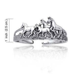 Unisex Heavy Solid Statement Wild Western Running Horses Equestrian Cuff Bracelet For Women Men Antiqued Oxidized .925 Sterling Silver Finish Fine Jewelry Adjustable